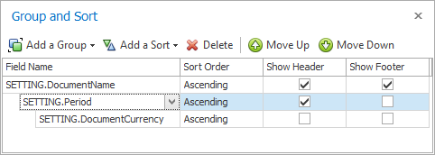 Group and Sort panel